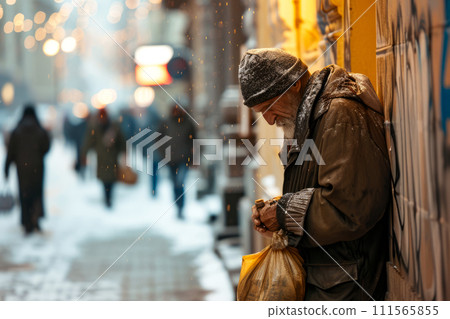 AI-generated content. A poor man stands on the... - Stock Illustration ...