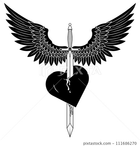 Winged medieval sword piercing a heart - Stock Illustration [111686270 ...