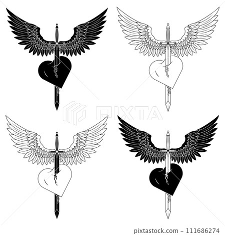 Winged medieval sword piercing a heart - Stock Illustration [111686274 ...