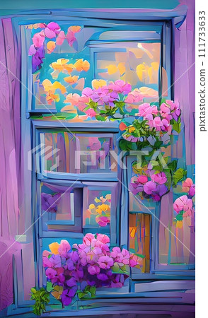 pastel colors. house window with flowers. - Stock Illustration ...