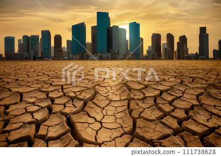 Drought land at Cityscape of buildings. Global... - Stock Illustration ...