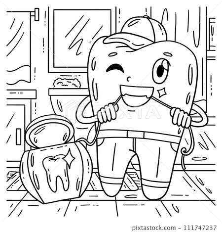 Dental Care Tooth and Floss Coloring Page - Stock Illustration ...