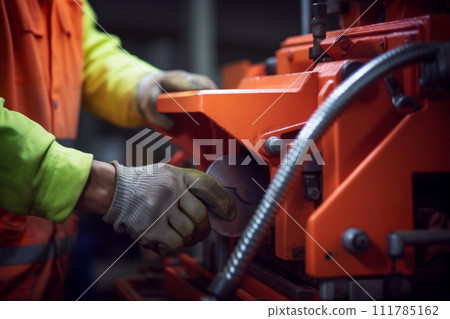 Worker's gloved hands operating mechanical... - Stock Illustration ...
