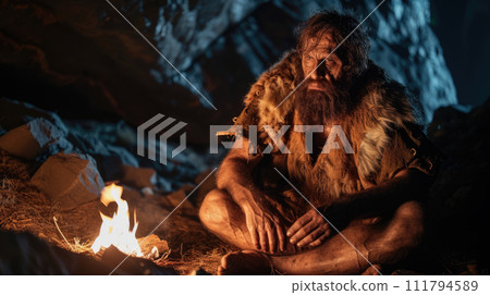 Caveman sits near fire in cave at night,... - Stock Illustration ...