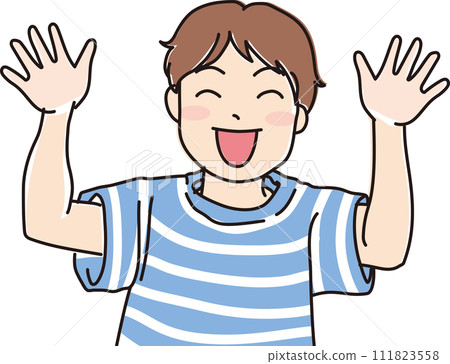 Simple line character boy _ raising both hands... - Stock Illustration ...