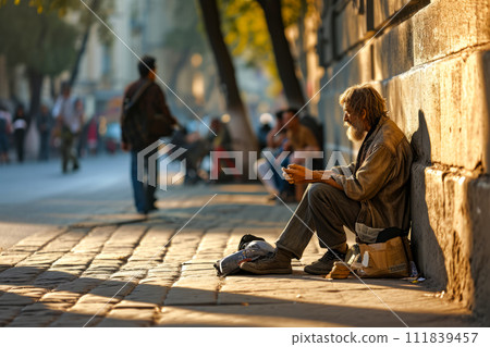 AI-generated content. Poor man asks for alms... - Stock Illustration ...