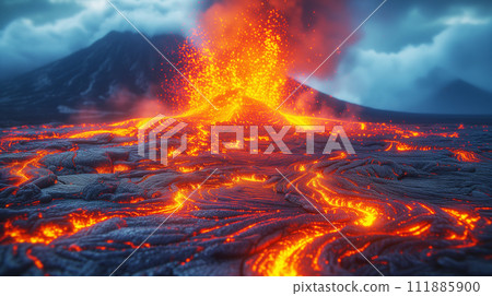 AI-generated image of a volcano exploding and... - Stock Illustration ...