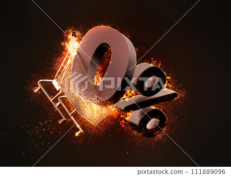 Burning shopping cart and red zero percentage... - Stock Illustration ...