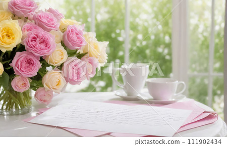 Roses and message card on the table - Stock Illustration [111902434 ...