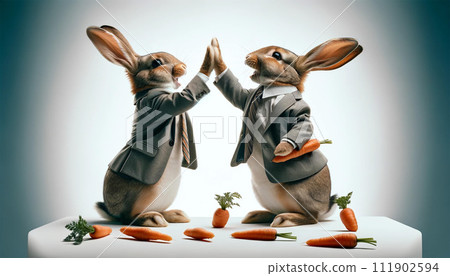 A rabbit wearing a suit celebrates success and... - Stock Illustration ...