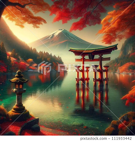 Lake Ashi in autumn colors - Stock Illustration [111933442] - PIXTA