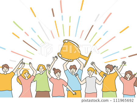 A crowd of people excitedly holding up the trophy - Stock Illustration ...