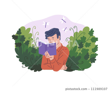 Young man reading book with enjoy and great... - Stock Illustration ...