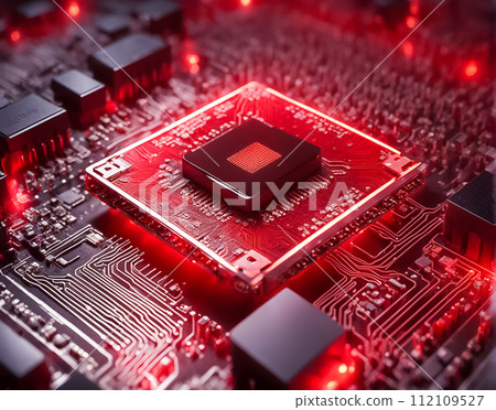 Red glowing electronic components on the base... - Stock Illustration ...