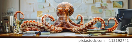 Dynamic office scene with a smiling octopus... - Stock Illustration ...