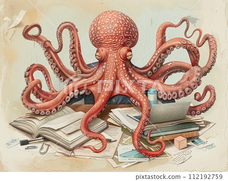 Helpful octopus in office attire tentacles...-插圖素材 [112192759] - PIXTA圖庫