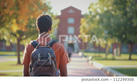 The back view of a student walking towards a... - Stock Illustration ...