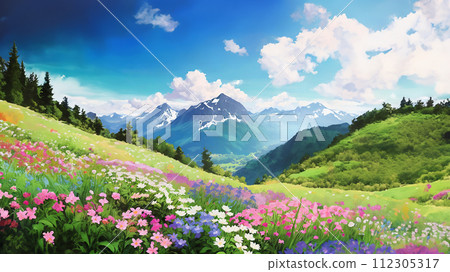 Illustration of alpine flower field with blue sky - Stock Illustration ...