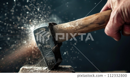 Hand with a hammer at one end tries to hit a... - Stock Illustration ...