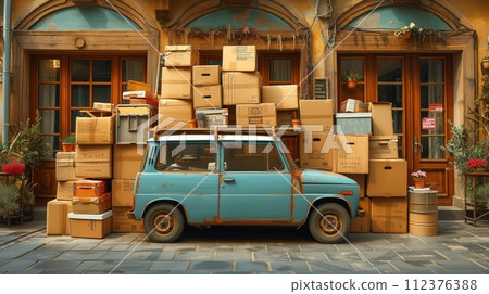 retro car loaded with boxes - Stock Illustration [112376388] - PIXTA