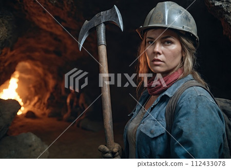 Portrait of pretty young woman-miner in... - Stock Illustration ...