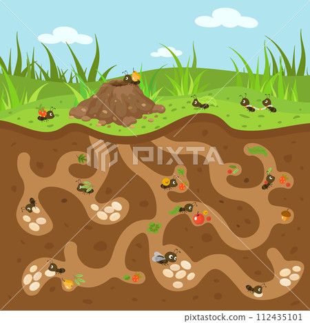 Cartoon anthill illustration. Cute tiny ants... - Stock Illustration ...