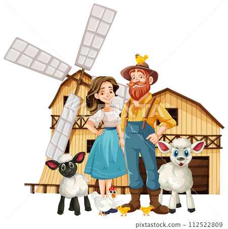 Happy Farm Life with Animals and Windmill - Stock Illustration ...