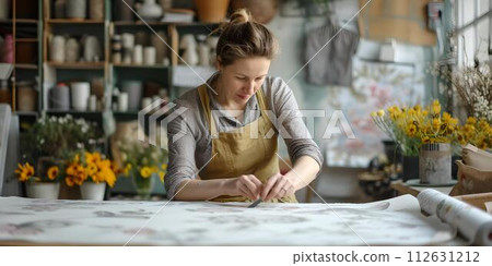 Artisan woman focused on crafting in a sunlit... - Stock Illustration ...