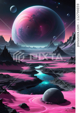 Space background with silver and pink alien... - Stock Illustration ...