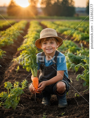 Happy little child farm boy on eco farm picking... - Stock Illustration ...