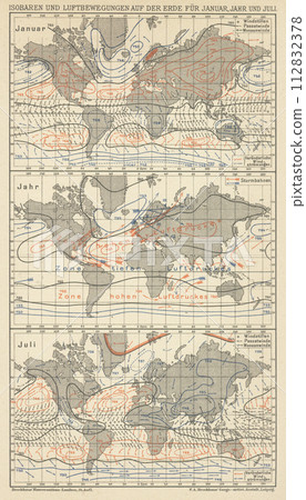 Early 20th century world map atmospheric movement - Stock Illustration ...