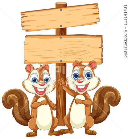 Cheerful Squirrels with Wooden Sign - Stock Illustration [113141431 ...