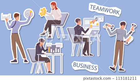 Hand drawn teamwork stickers collection with... - Stock Illustration ...