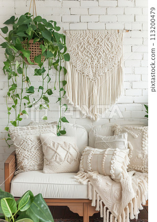 Modern boho style interior showcasing earthy... - Stock Illustration ...