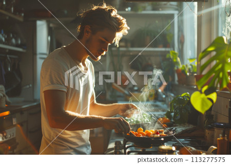 Morning ritual - young man making breakfast - Stock Illustration ...