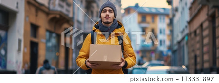 Delivery of goods and parcels, the delivery man... - Stock Illustration ...