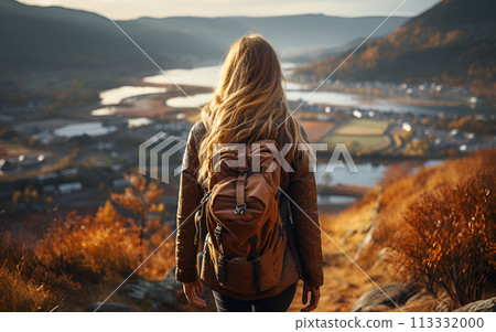 Caucasian backpacker woman is poses with her... - Stock Illustration ...