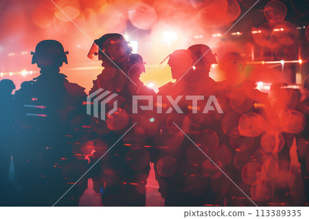 Riot police under red flares and lights-插圖素材 [113389335] - PIXTA圖庫