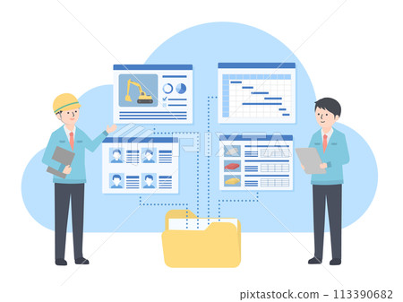 Two men sharing construction management data on... - Stock Illustration ...
