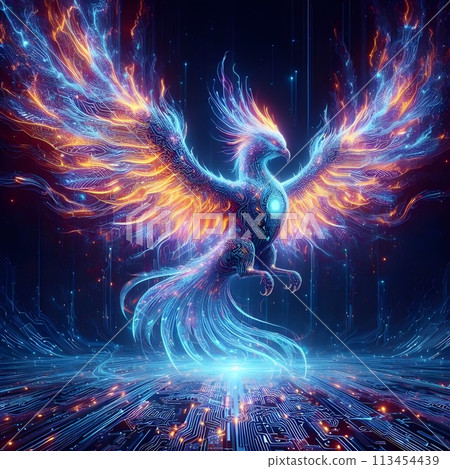 A majestic phoenix is reborn from the digital... - Stock Illustration ...