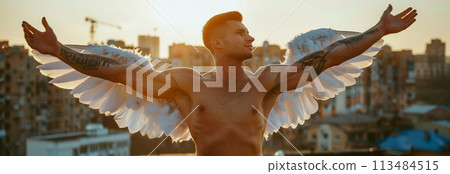 Caucasian male angel with white wings in the city. - Stock Illustration ...
