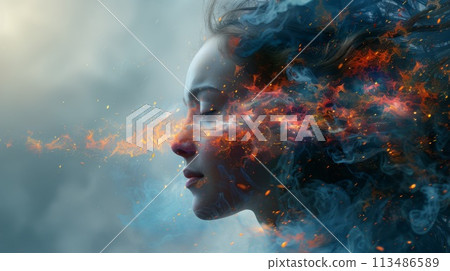 A woman with her face covered in fire and... - Stock Illustration ...