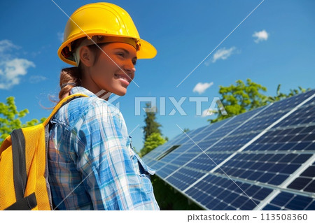 Renewable energy, Person at solar power plant. - Stock Illustration ...