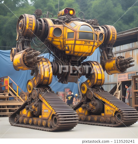 A rusty yellow battlebot movie set. - Stock Illustration [113520241 ...