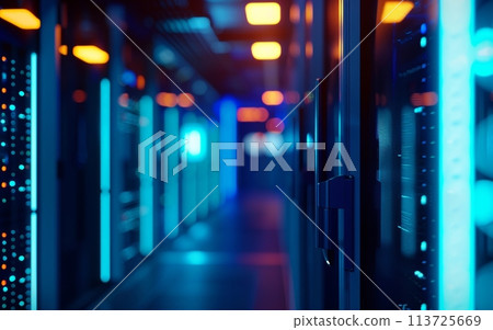 A row of server racks illuminated by vibrant... - Stock Illustration ...