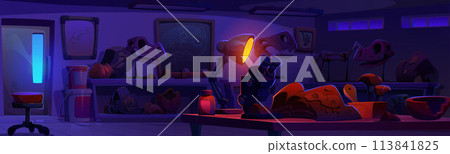 Archaeologist lab room and fossil on desk at night - Stock Illustration ...