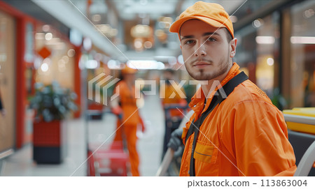 Caucasian male cleaning worker Working in a...-插圖素材 [113863004] - PIXTA圖庫