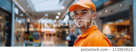 Caucasian male cleaning worker Working in a...-插圖素材 [113863022] - PIXTA圖庫