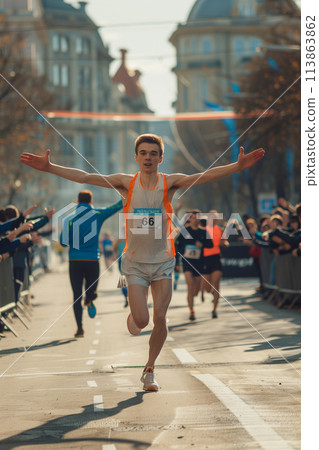 Caucasian male runner Running to the finish... - Stock Illustration ...