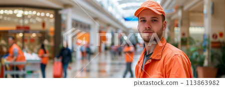 Caucasian male cleaning worker Working in a... - Stock Illustration ...